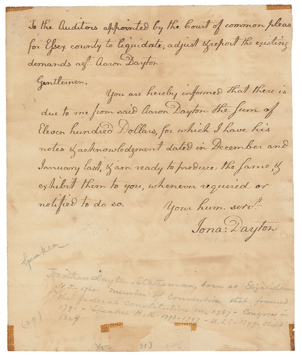 Jonathan Dayton Handwritten Letter Signed | RR Auction