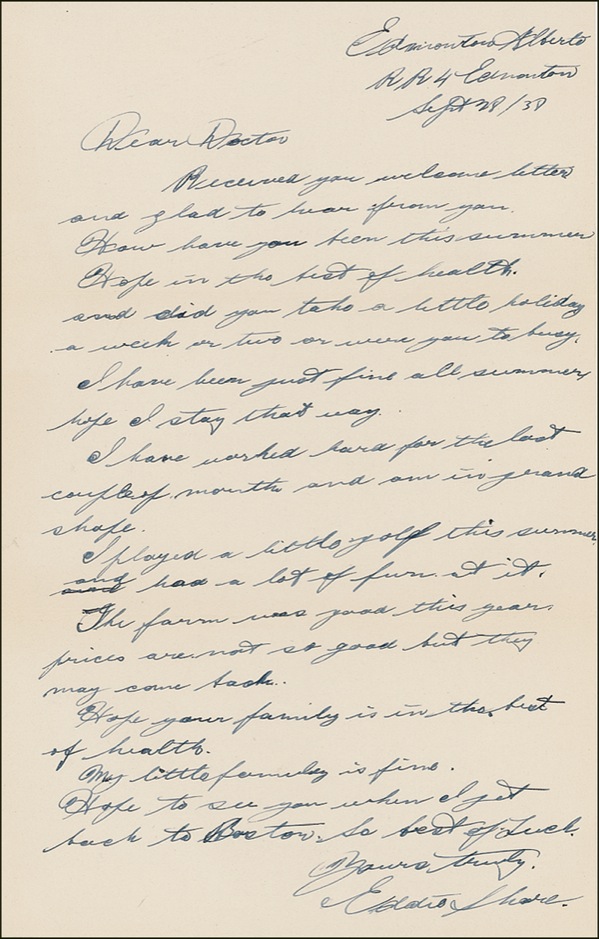 Eddie Shore Handwritten Letter Signed | RR Auction