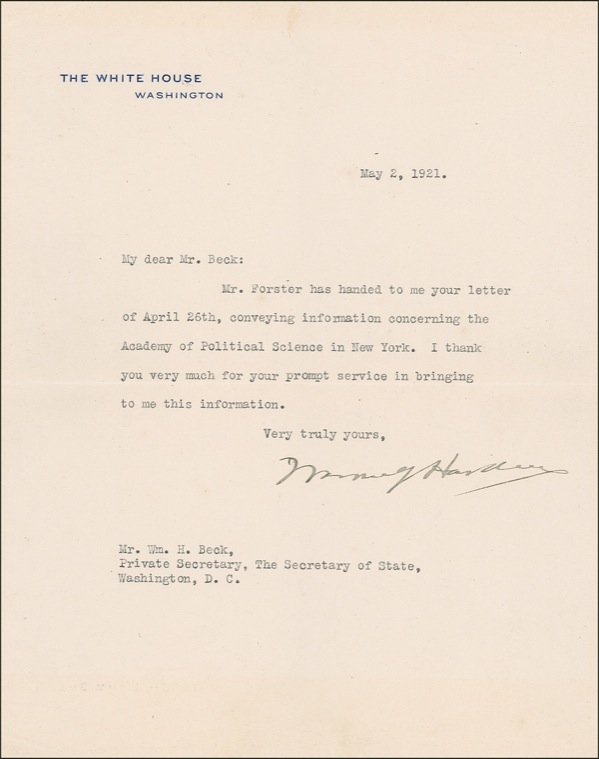 Warren G. Harding Typed Letter Signed | RR Auction