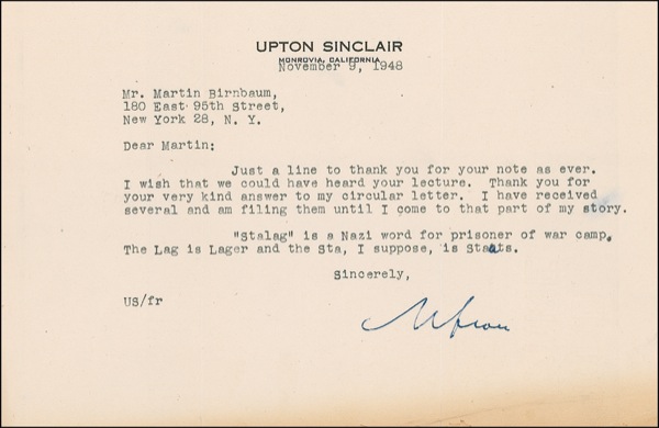 Upton Sinclair: On the etymology of “stalag”: “A