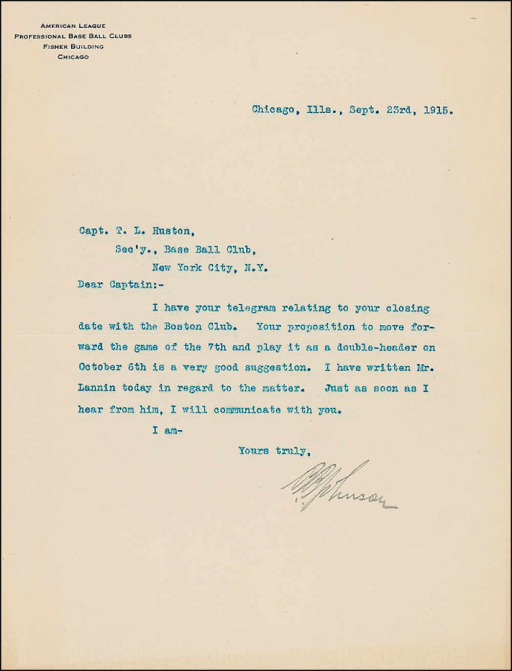 Ban Johnson Typed Letter Signed | RR Auction
