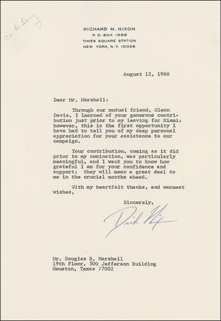 Richard Nixon: NIXON endorses a campaign contribution check and thanks