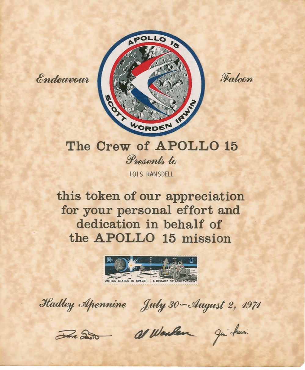 Apollo 15: Seldom-seen Apollo 15 certificate presented to Gene