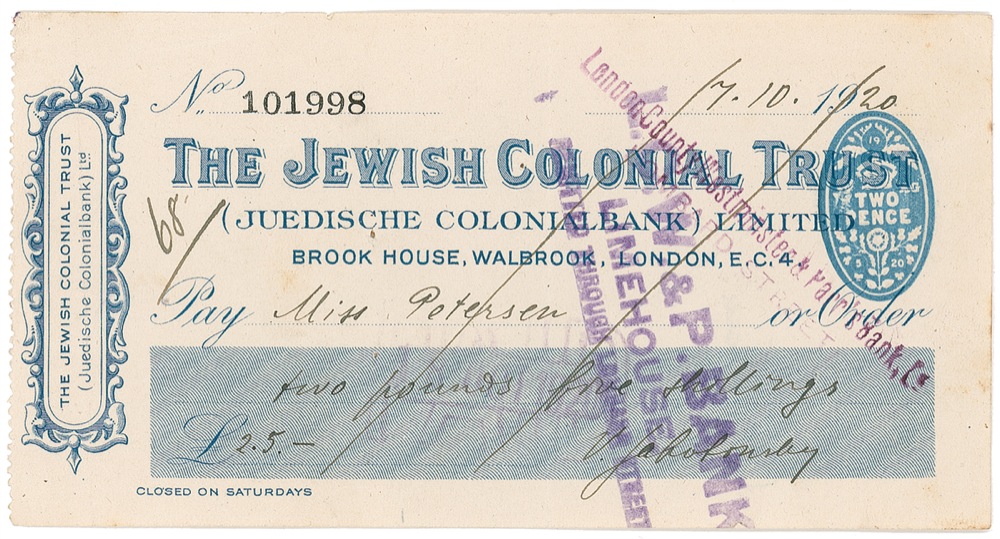 Vlad Jabotinsky: Unusual and attractive bank check drawn on the Jewish