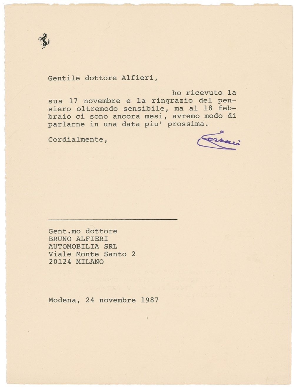Enzo Ferrari Typed Letter Signed | RR Auction
