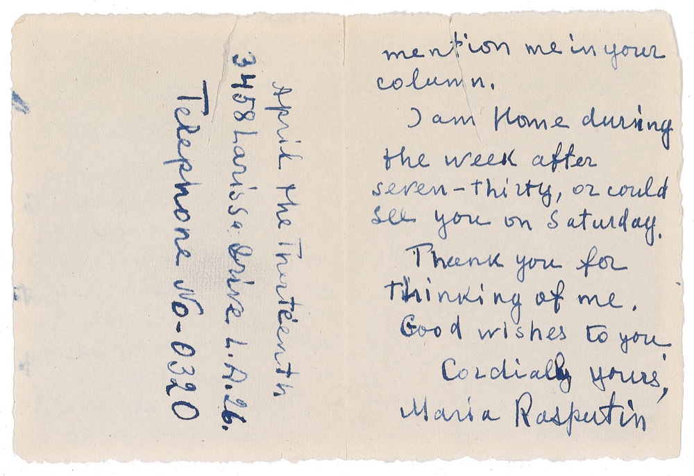 Maria Rasputin Handwritten Letter Signed | RR Auction