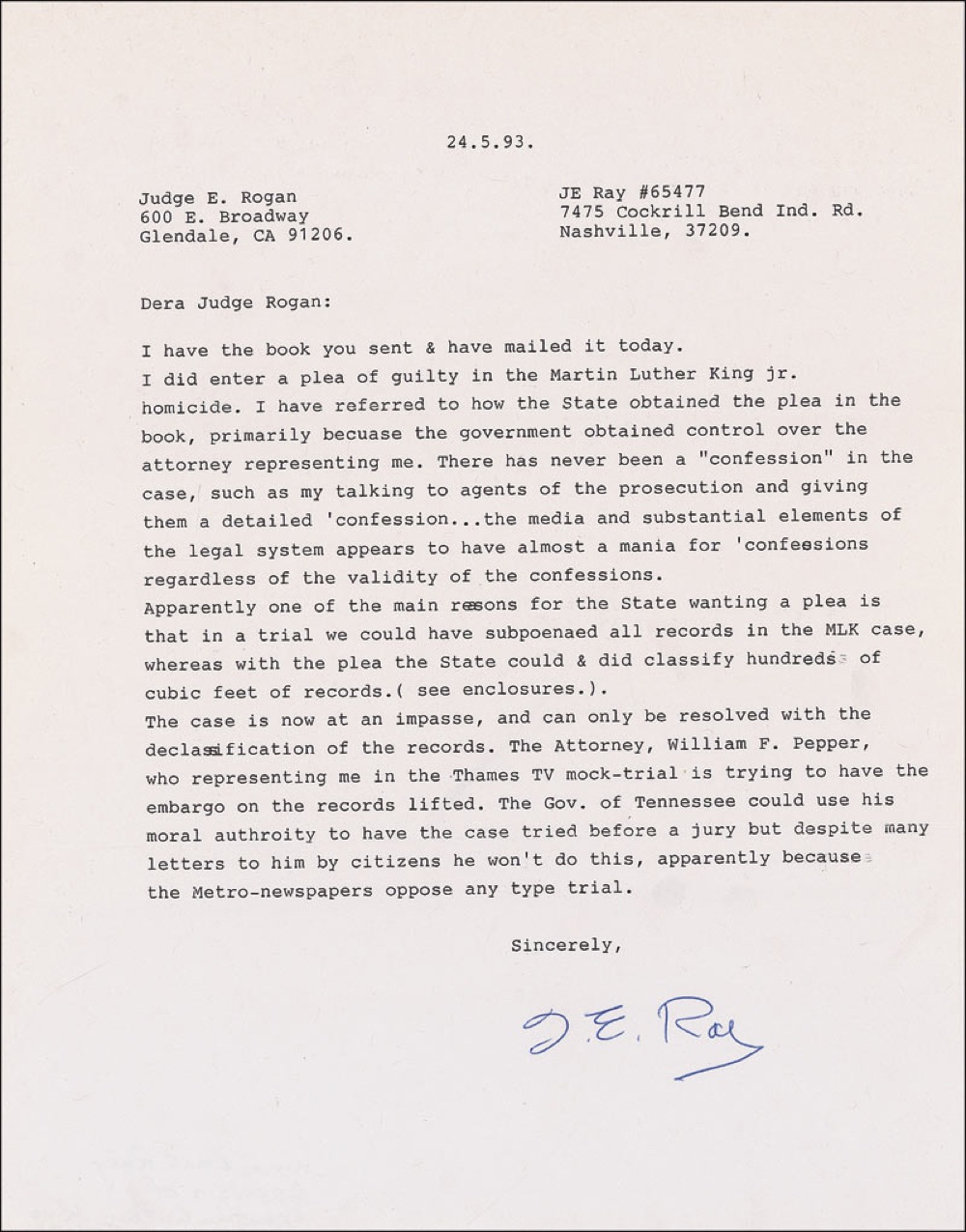 James Earl Ray: “I did enter a plea of guilty in the Martin