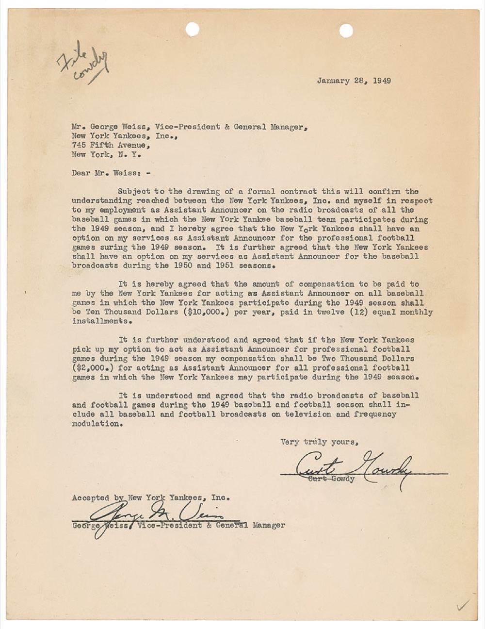 George Weiss and Curt Gowdy Signed Document | RR Auction