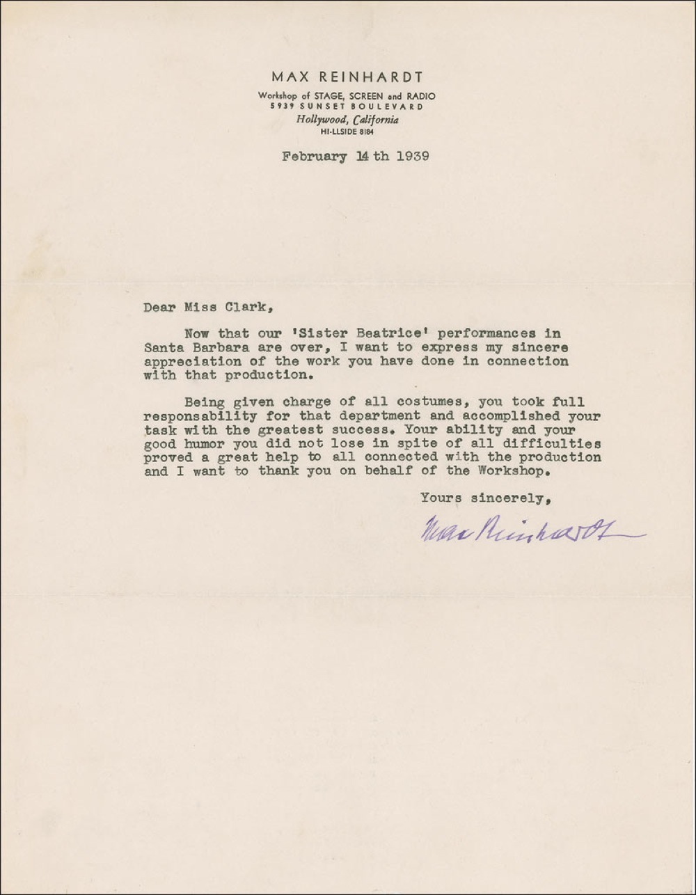 Max Reinhardt Typed Letter Signed | RR Auction