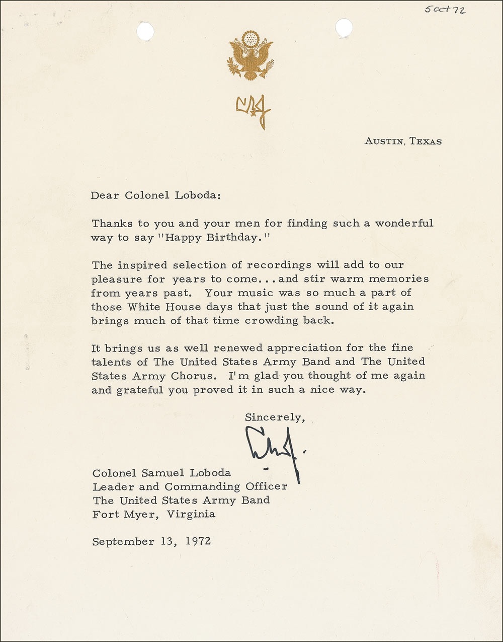 Lyndon B. Johnson: LBJ thanks the US Army Band on the occasion of his