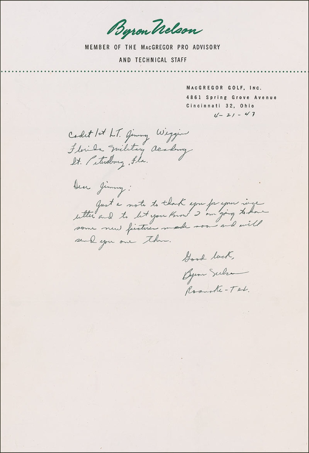 Byron Nelson Handwritten Letter Signed | RR Auction