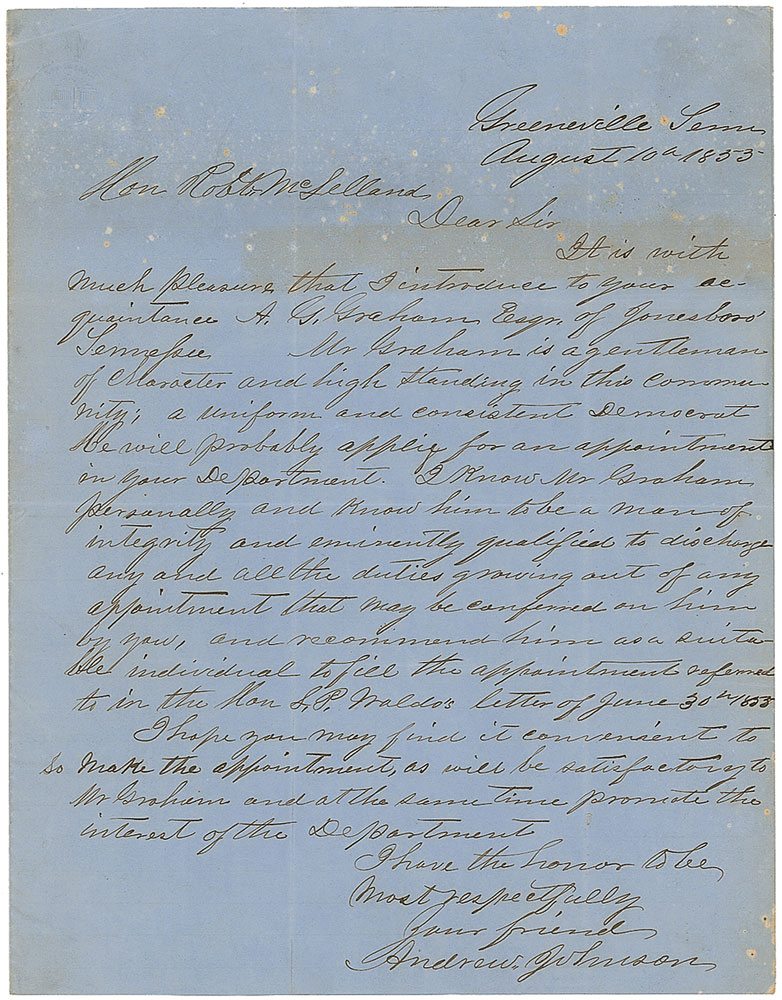 Andrew Johnson: A letter of introduction for a “uniform and