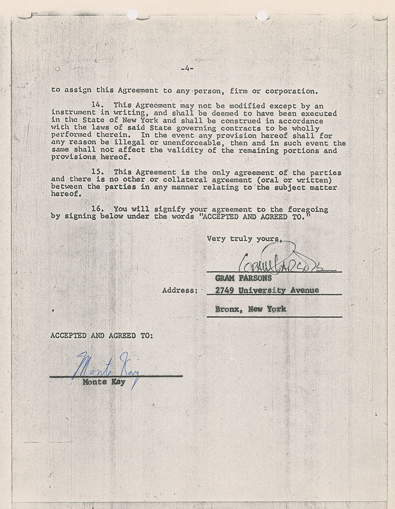 Gram Parsons: Early management contract for Parsons and the