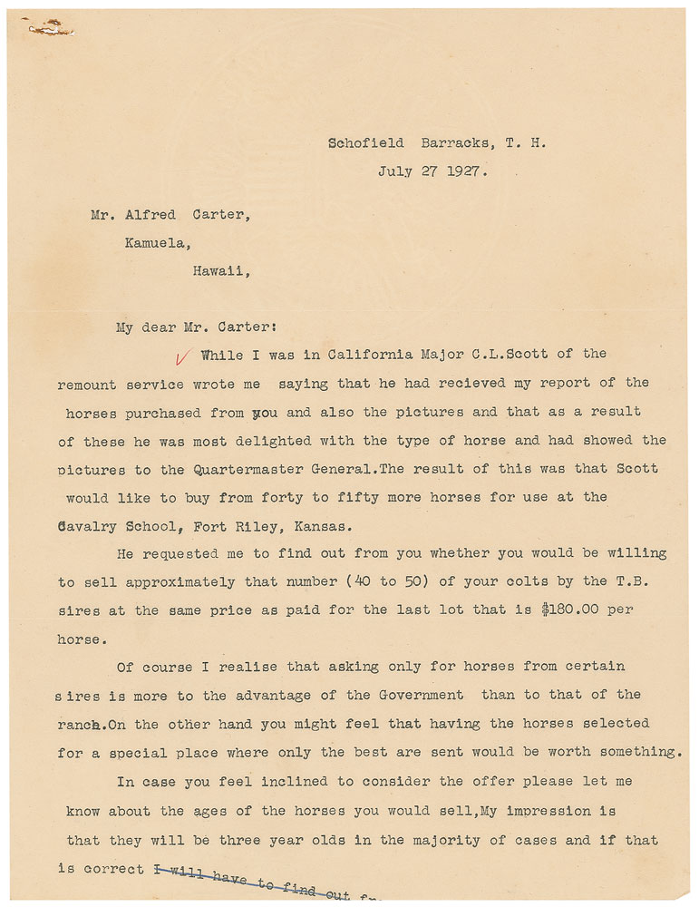 George S. Patton: Patton seeks to buy horses from Hawaii for use at