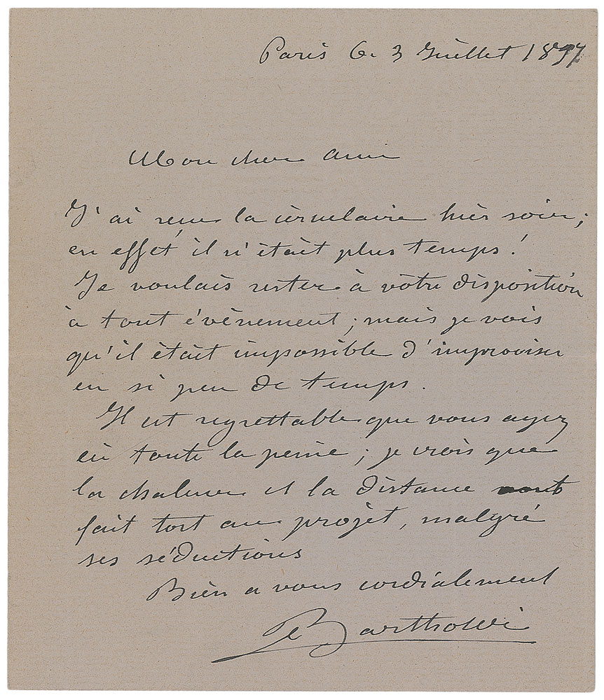 Frederic-Auguste Bartholdi Handwritten Letter Signed | RR Auction