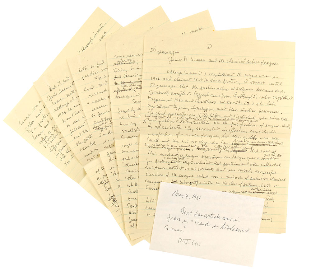 Carl Ferdinand Cori: Unique manuscript by the Nobel Prize-winning