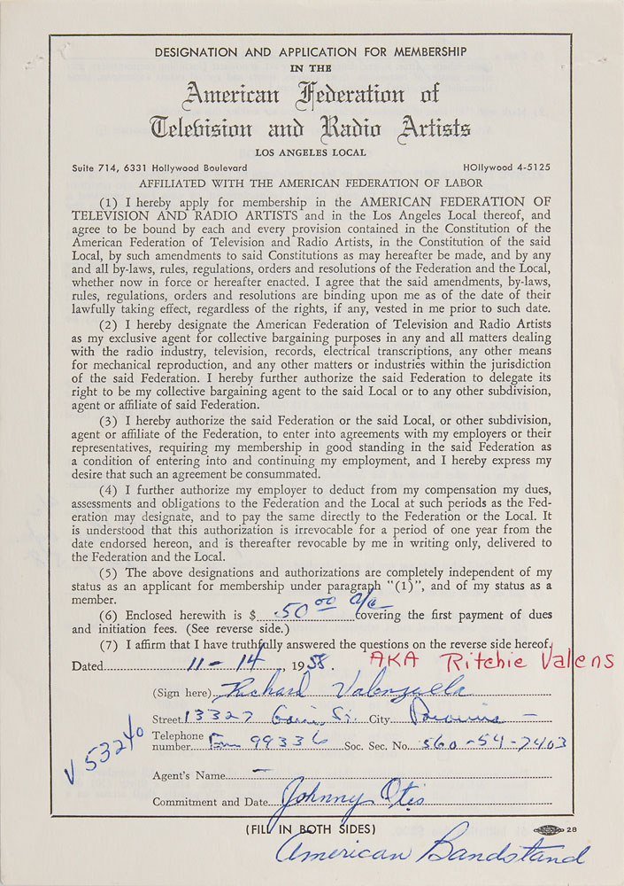 Ritchie Valens: Rare 1958 AFTRA contract signed by Ritchie
