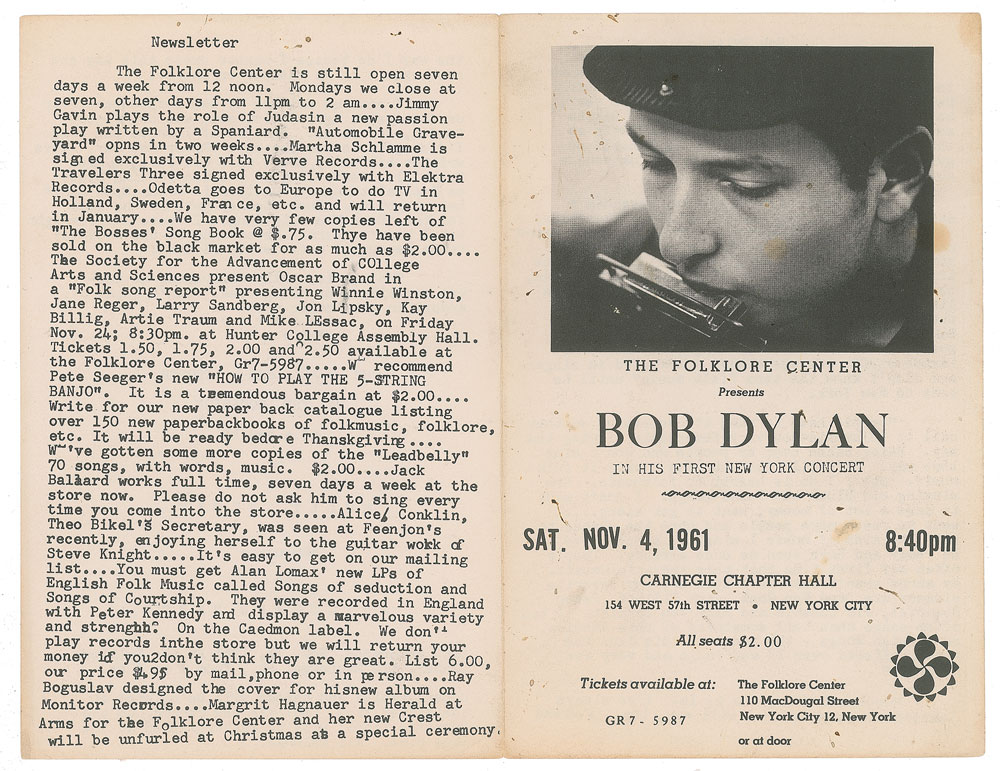 Bob Dylan 1961 Carnegie Chapter Hall Program | RR Auction