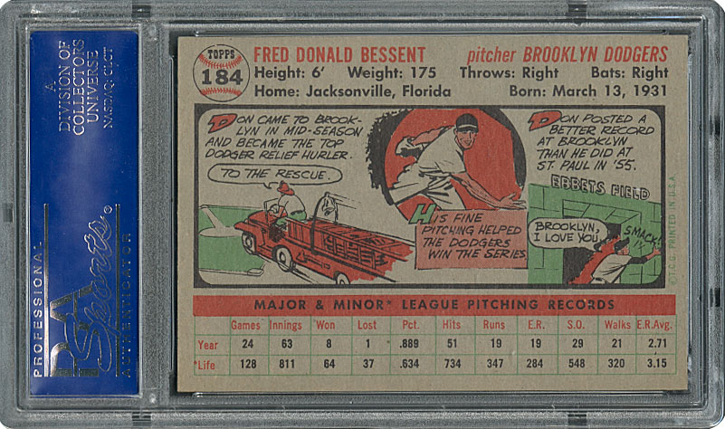 1956 Topps #184 Don Bessent - PSA MINT 9 - one Higher! | RR Auction