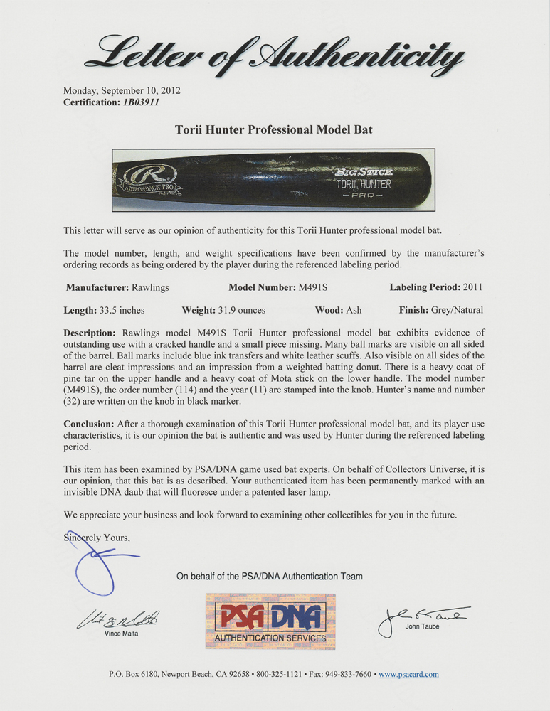 Torii Hunter's Game-Used Baseball Bat | RR Auction
