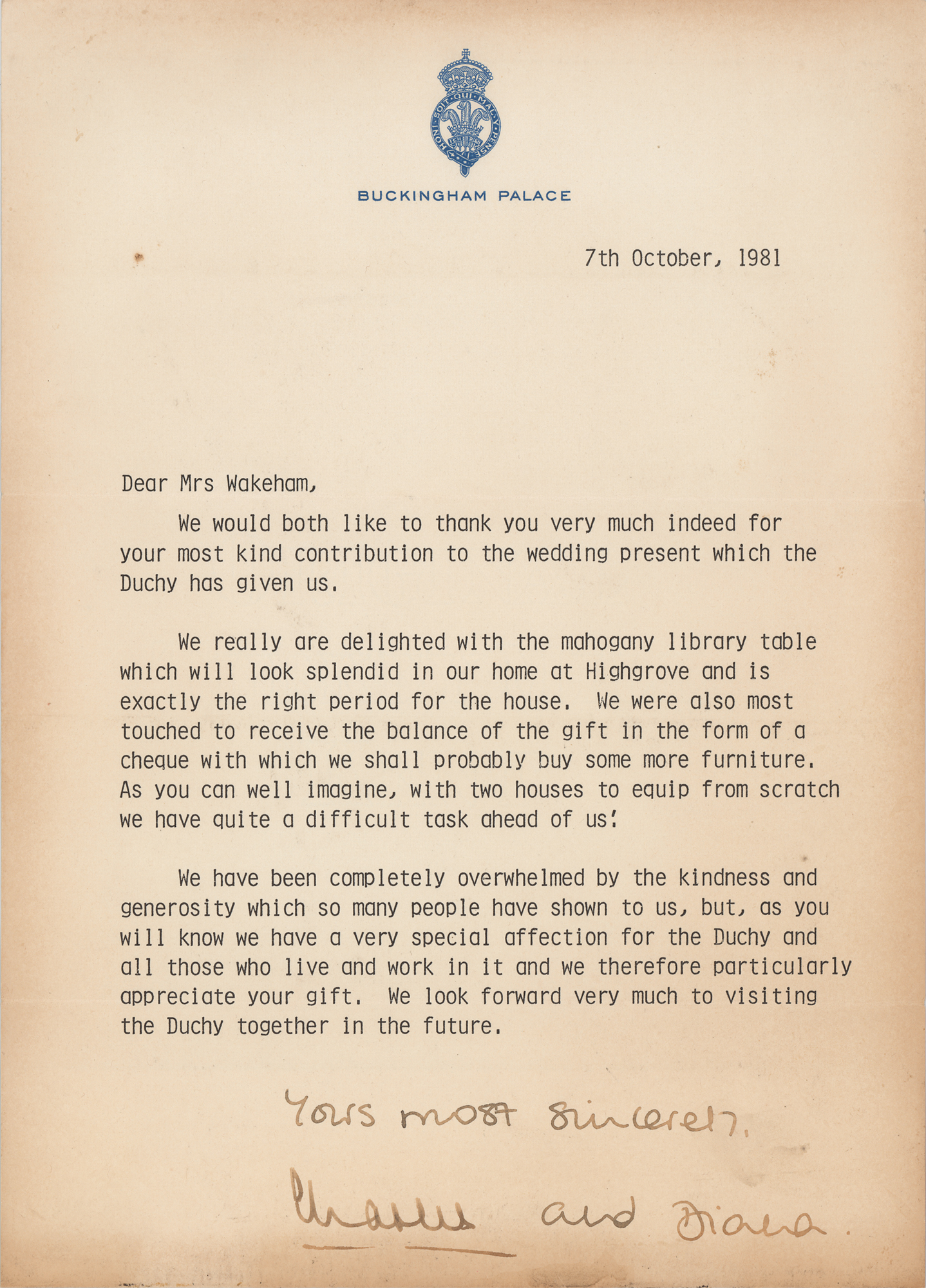 Princess Diana and Prince Charles Typed Letter Signed | RR Auction