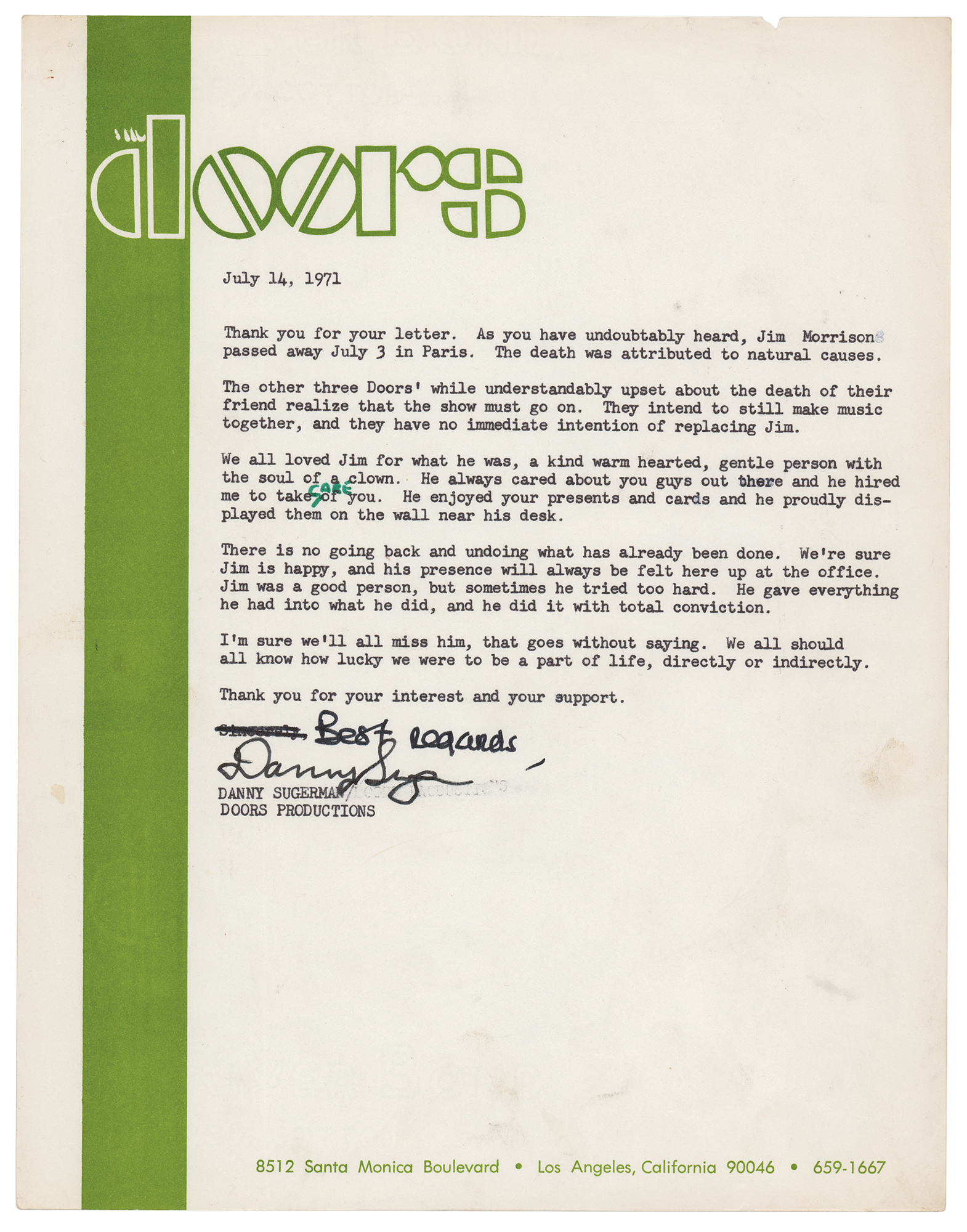 The Doors: Danny Sugerman Typed Form Letter Signed | RR Auction