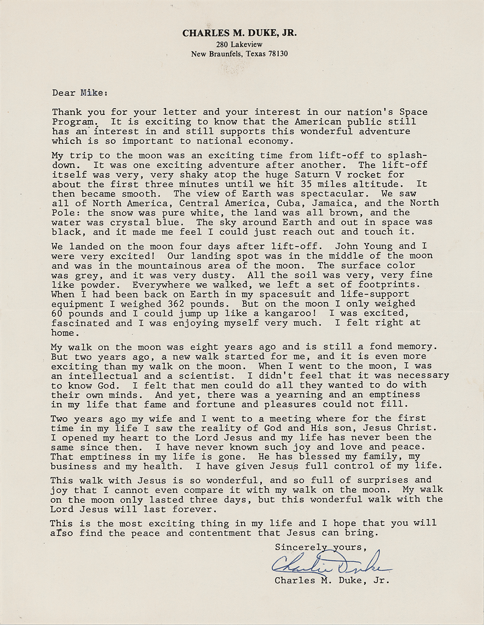 Charlie Duke Typed Letter Signed | RR Auction