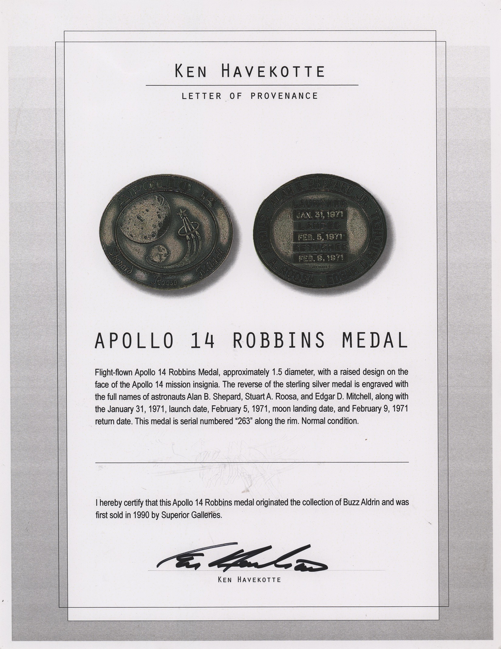 Apollo 14 Robbins Medallion (Attested as Flown and from the Collection