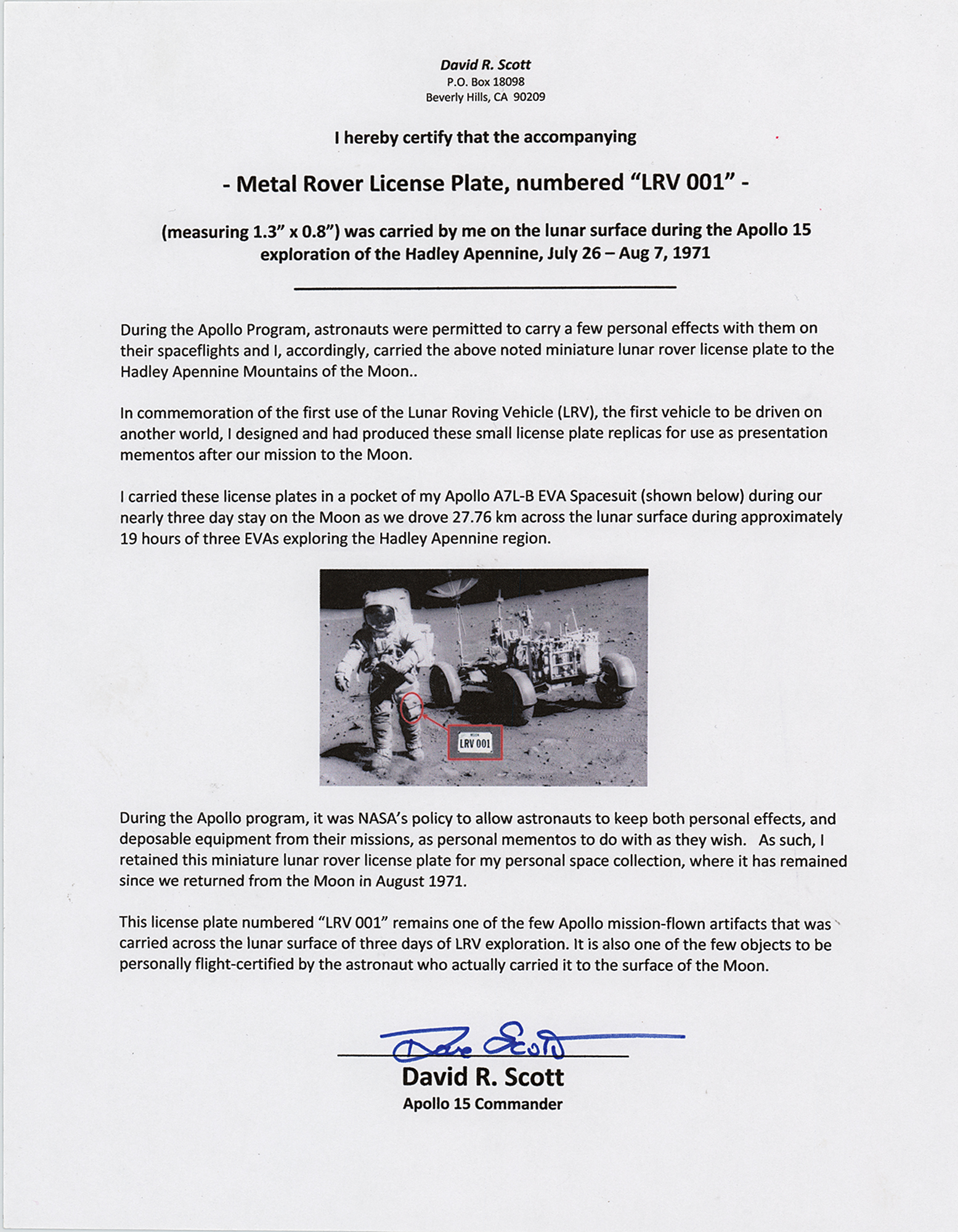 Dave Scott's Apollo 15 Lunar Surface-Flown License Plate | RR