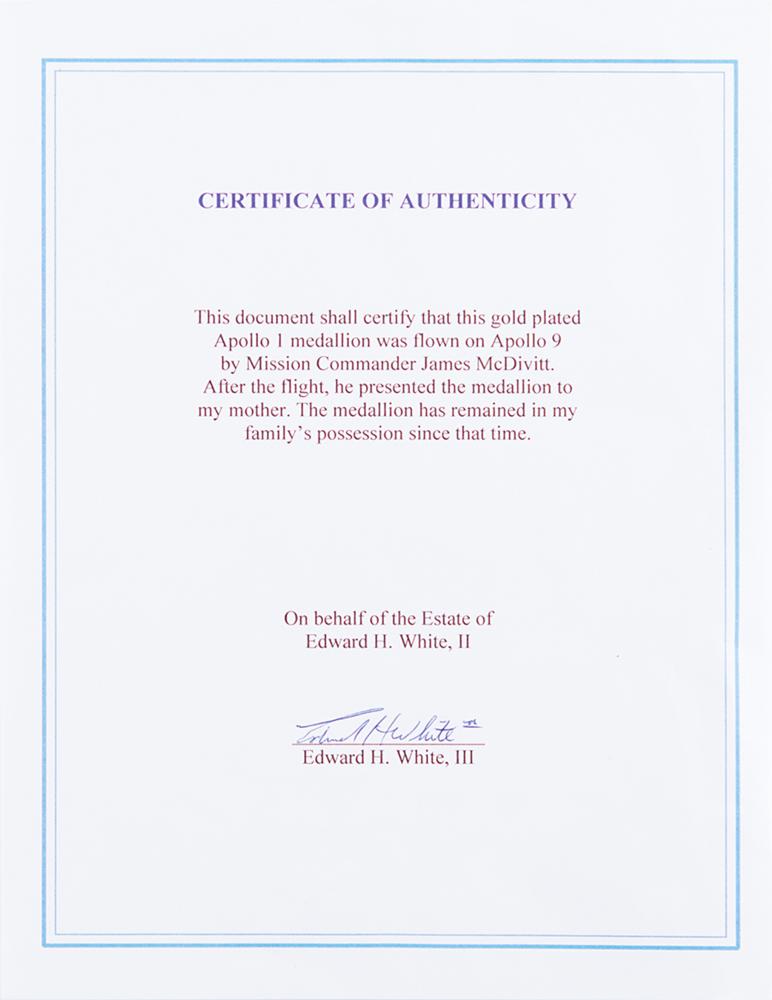 Apollo 1 Gold Fliteline Medallion, Attested as Flown on the Apollo 9