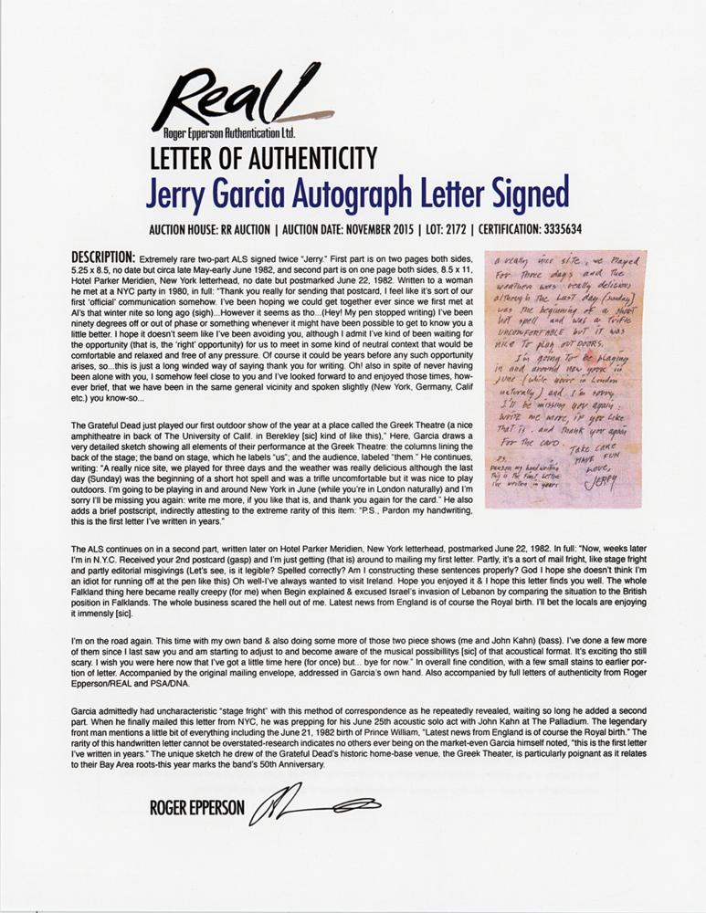Jerry Garcia Ultra-Rare Autograph Letter Signed with Sketch of