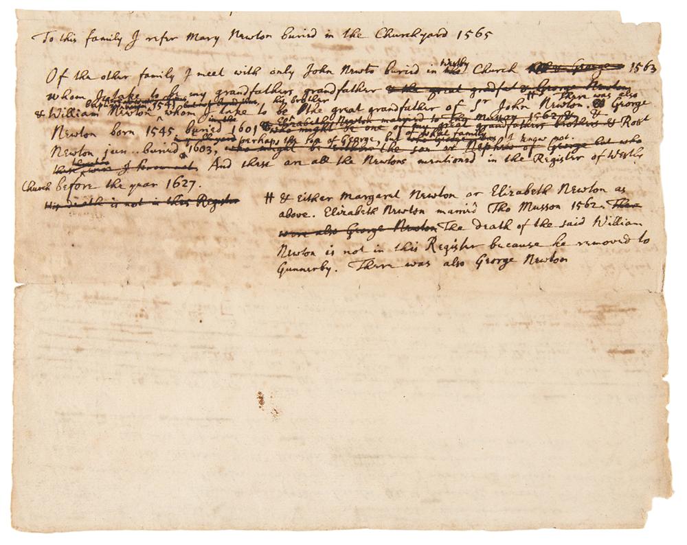 Isaac Newton Handwritten Manuscript on Family Tree