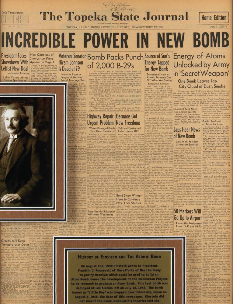 Albert Einstein Signed 'Atomic Bomb' Newspaper (August 6, 1945) | RR