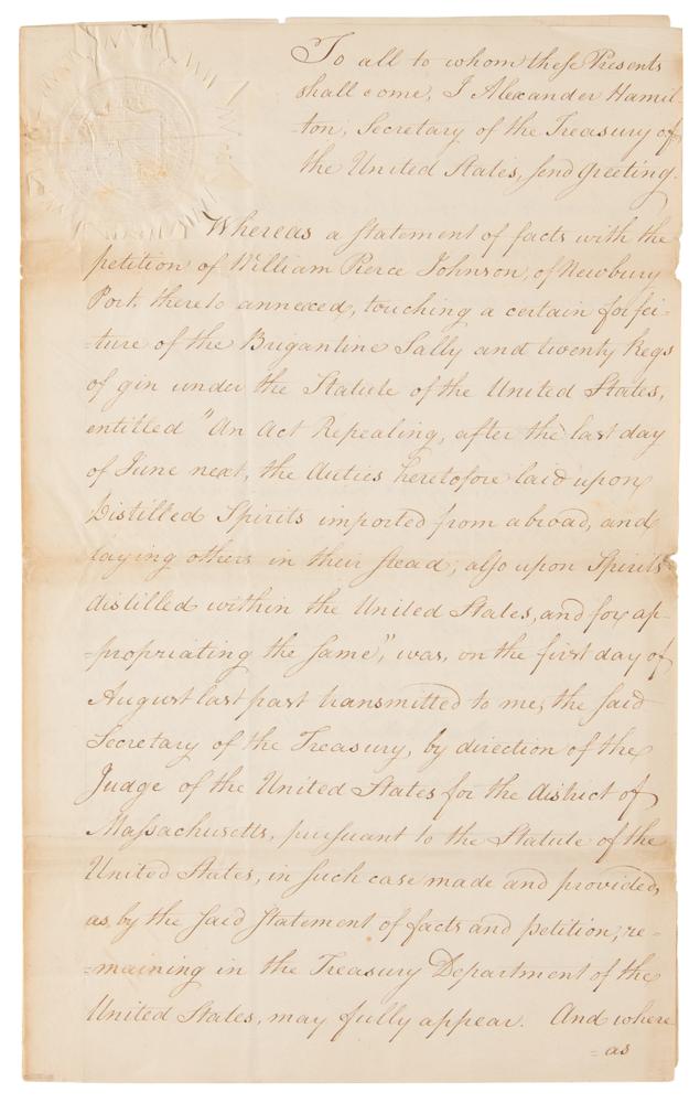 Alexander Hamilton Signed Document on the Import of Distilled Spirits