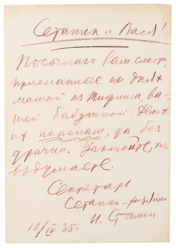 Joseph Stalin Autograph Letter Signed to His Children — a letter