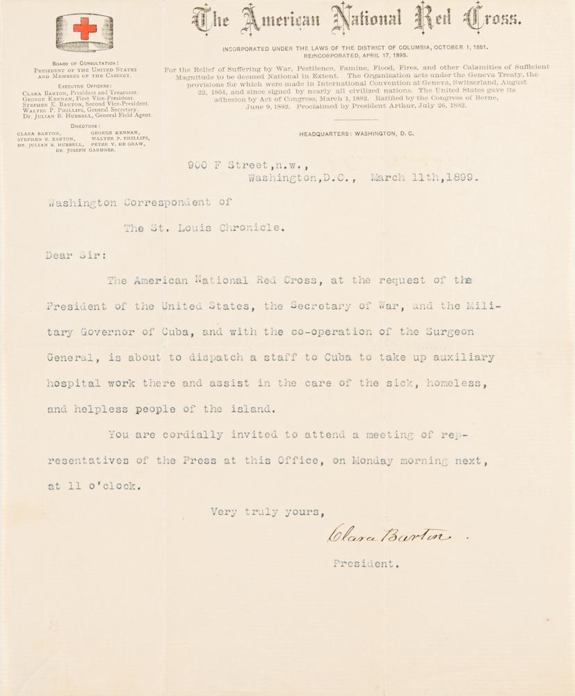 Clara Barton Typed Letter Signed on American National Red Cross in