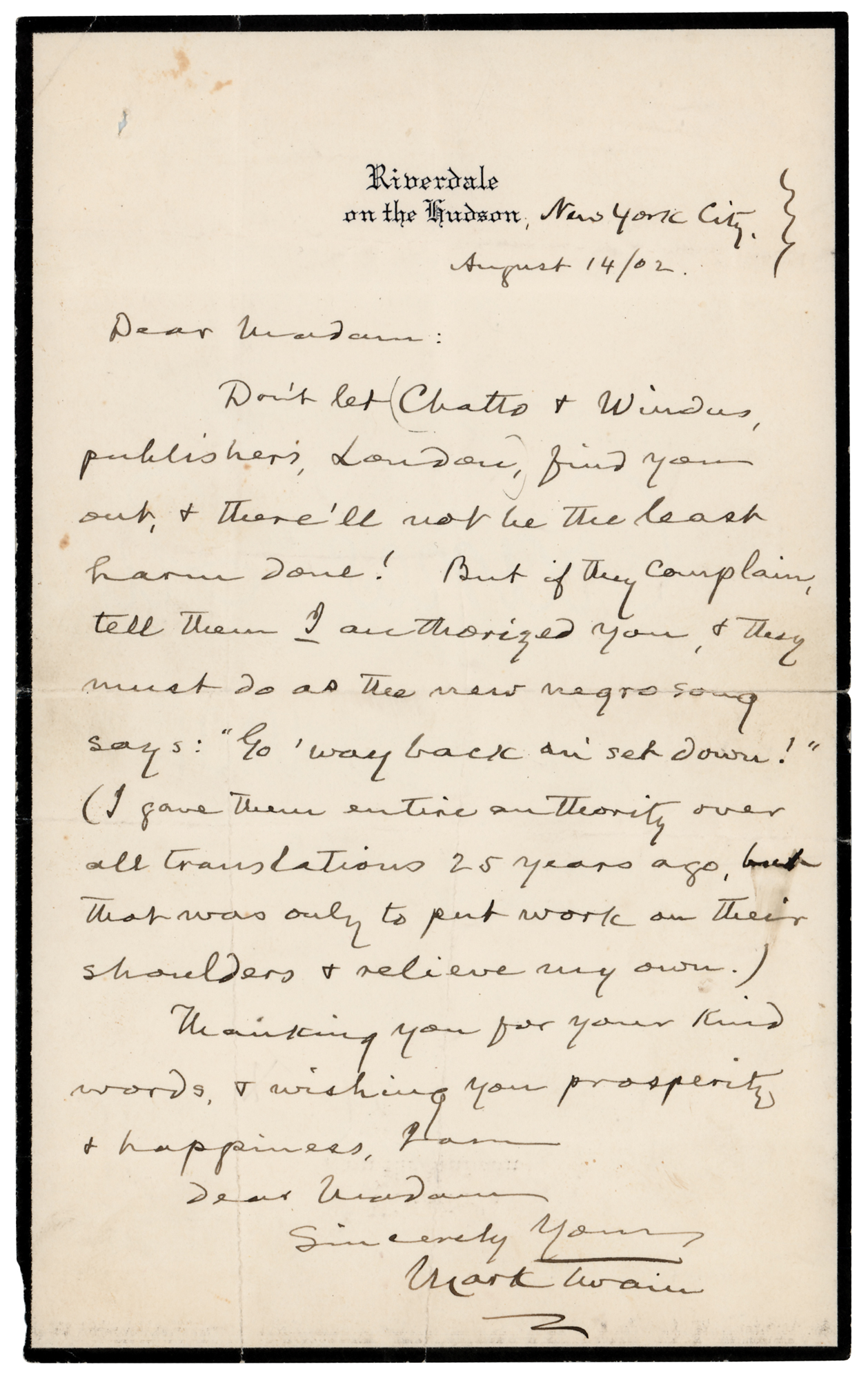 Samuel L. Clemens Autograph Letter Signed, Quoting a "New Negro