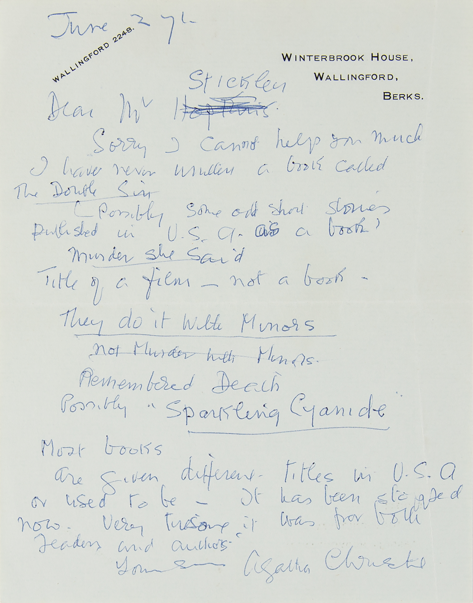 Agatha Christie Autograph Letter Signed on Book Titles in the United