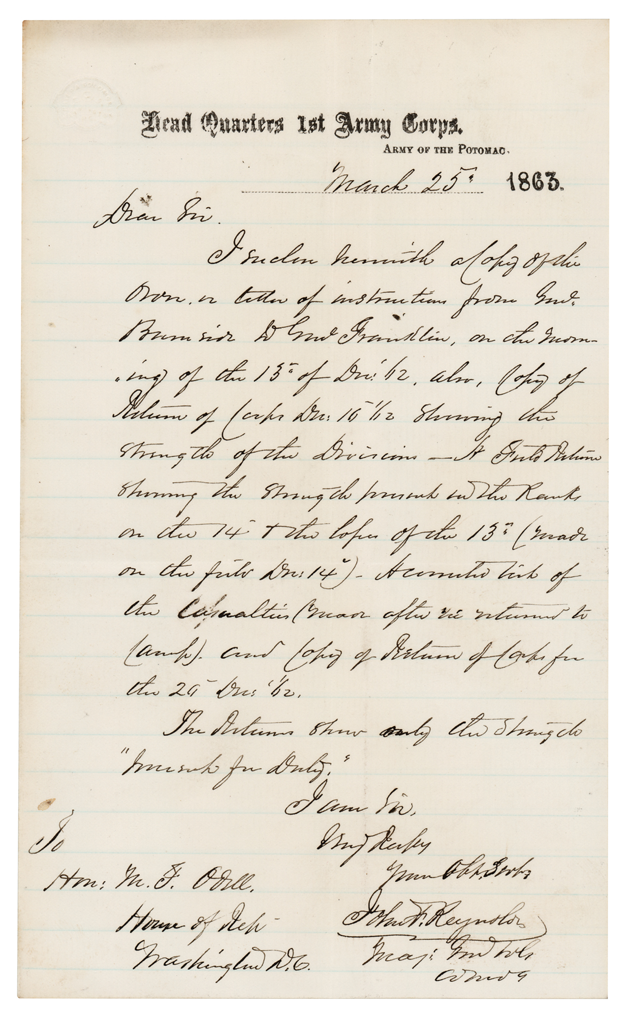 John F. Reynolds Autograph Letter Signed on Fredericksburg | RR