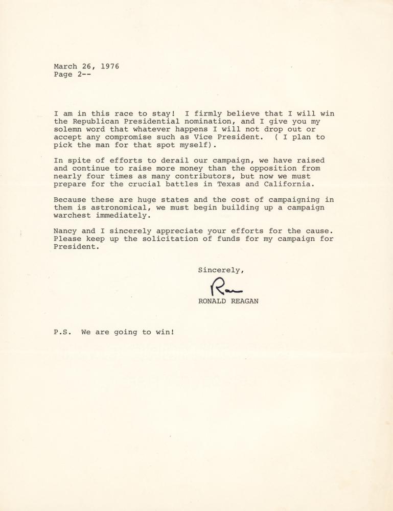 Ronald Reagan Typed Letter Signed on 1976 Republican Primaries: