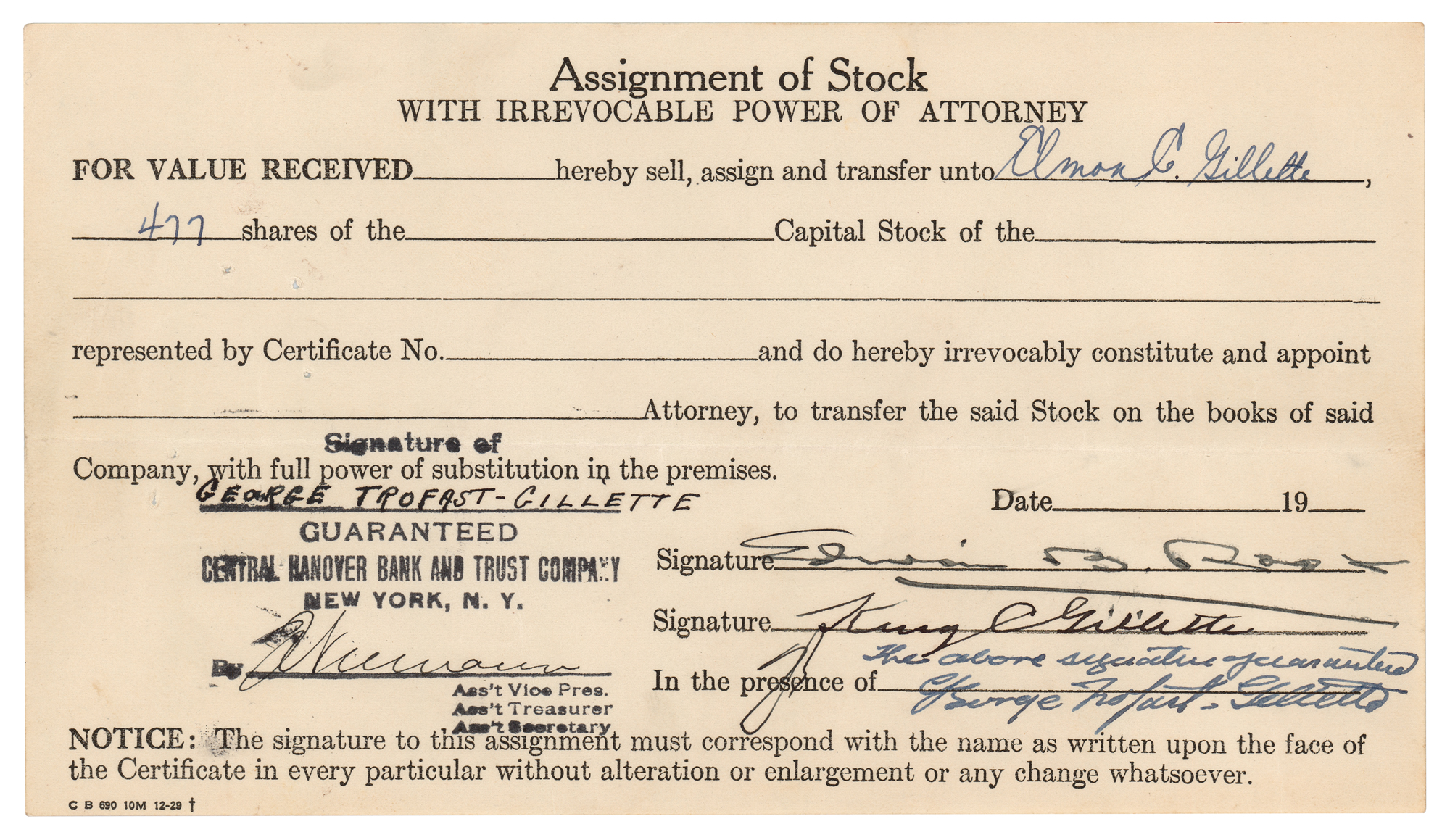 King Gillette Signed 'Assignment of Stock' Document | RR