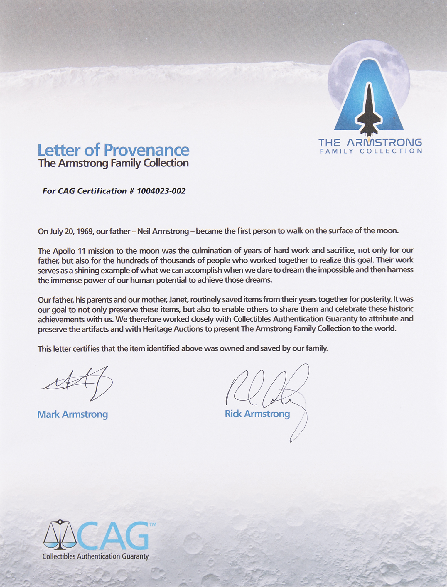 Neil Armstrong's NASA Hand Operated Controls Chart | RR Auction