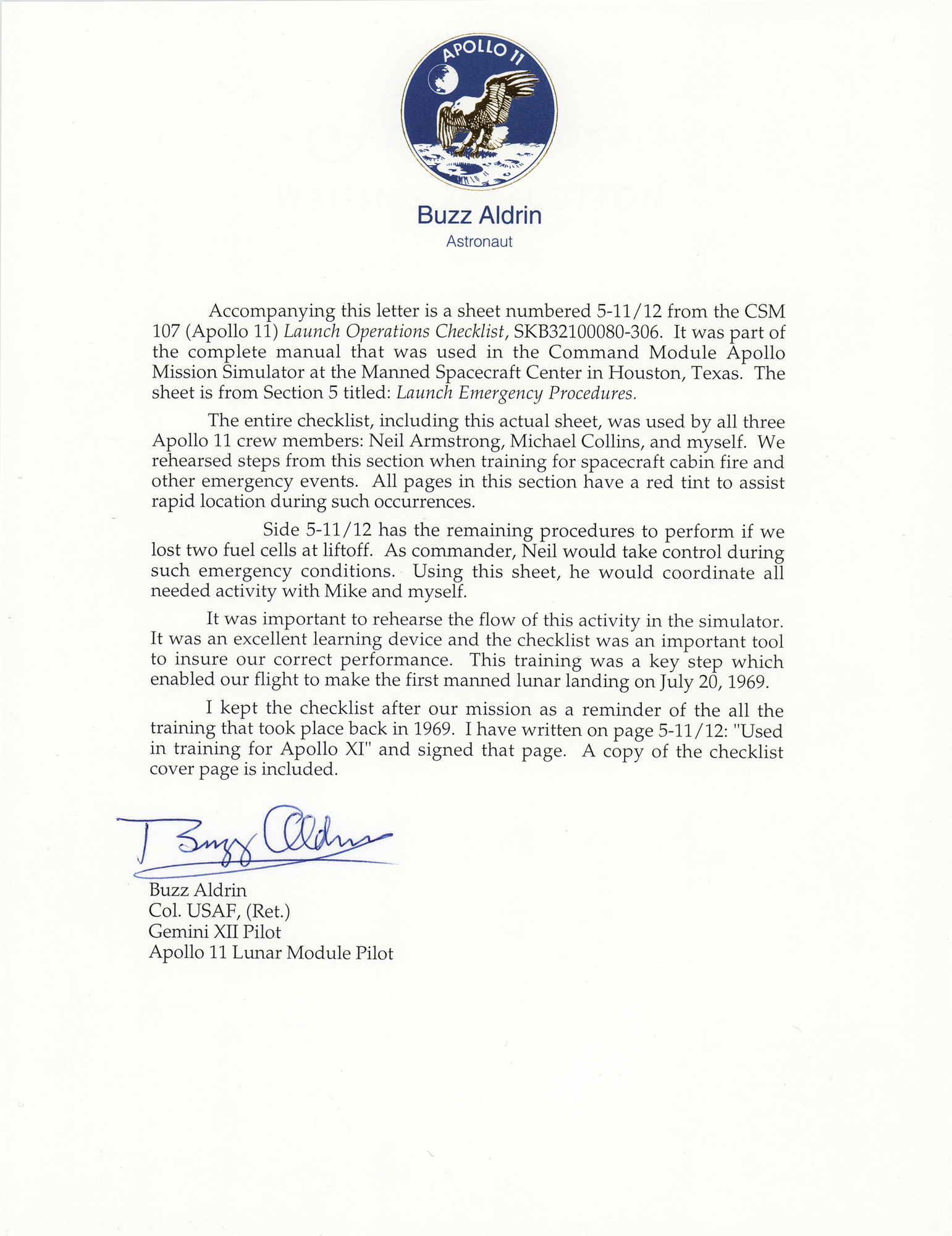 Apollo 11 Launch Operations Training-Used Checklist - From the