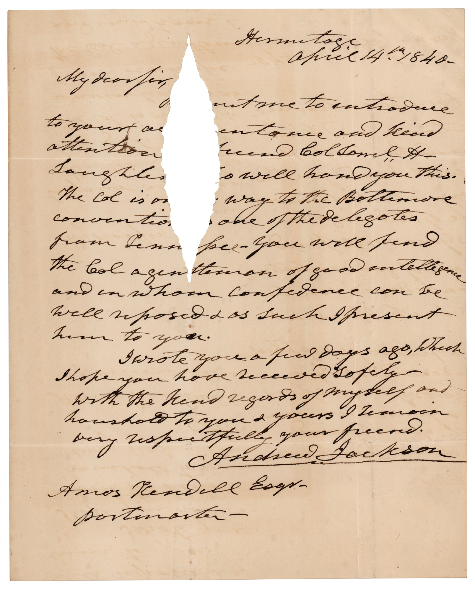 Andrew Jackson Autograph Letter Signed to the Postmaster General, Amos