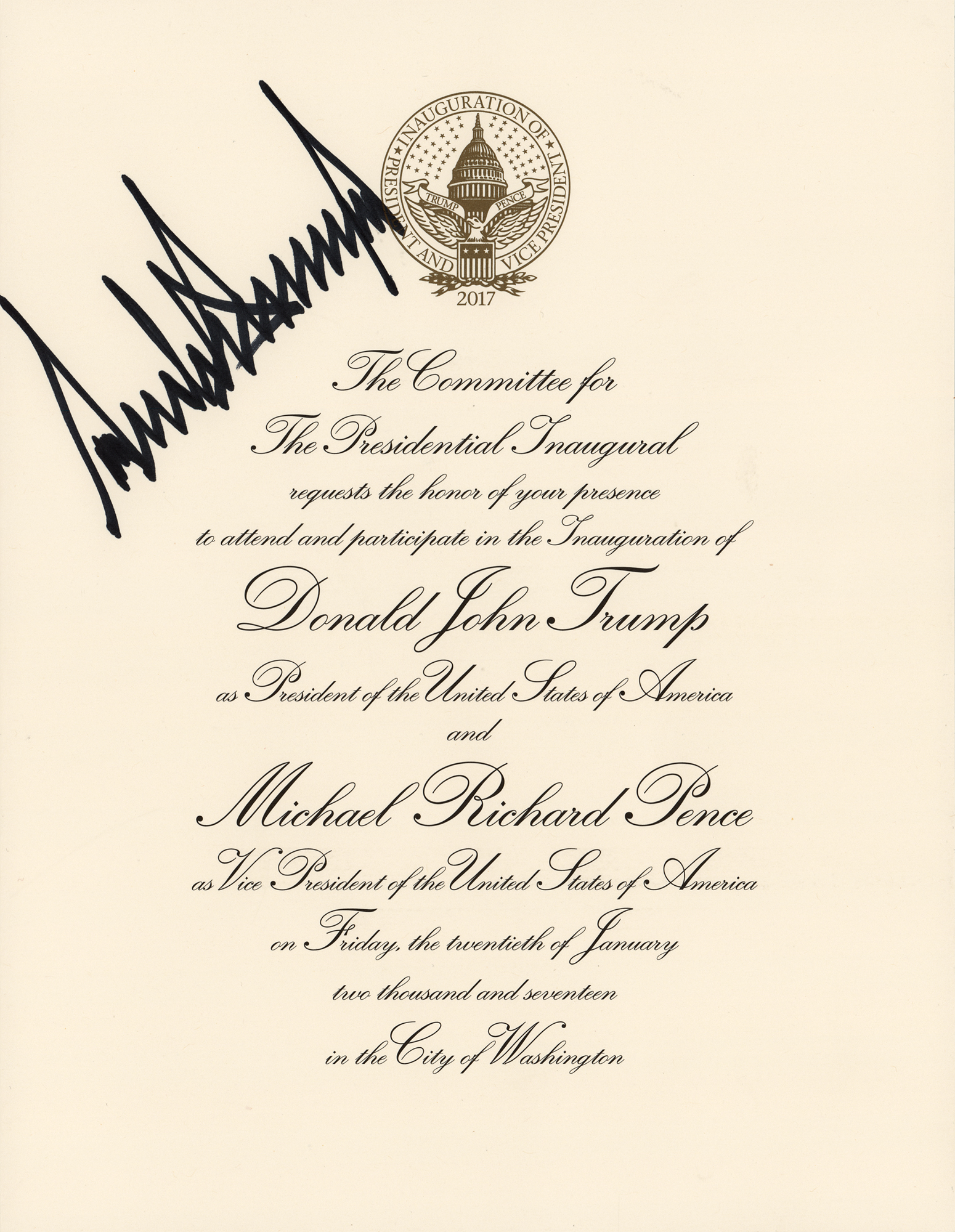 Donald Trump Signed 2017 Presidential Inauguration Invitation | RR