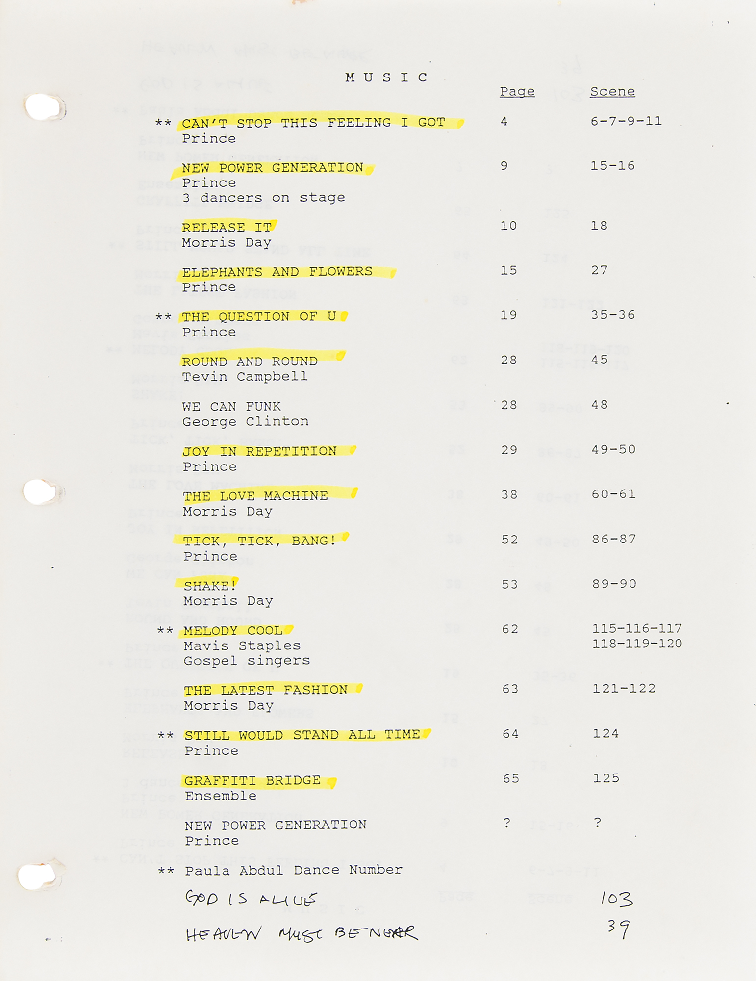 Prince Graffiti Bridge Fourth Draft Script with (30+) Lyric Sheets and