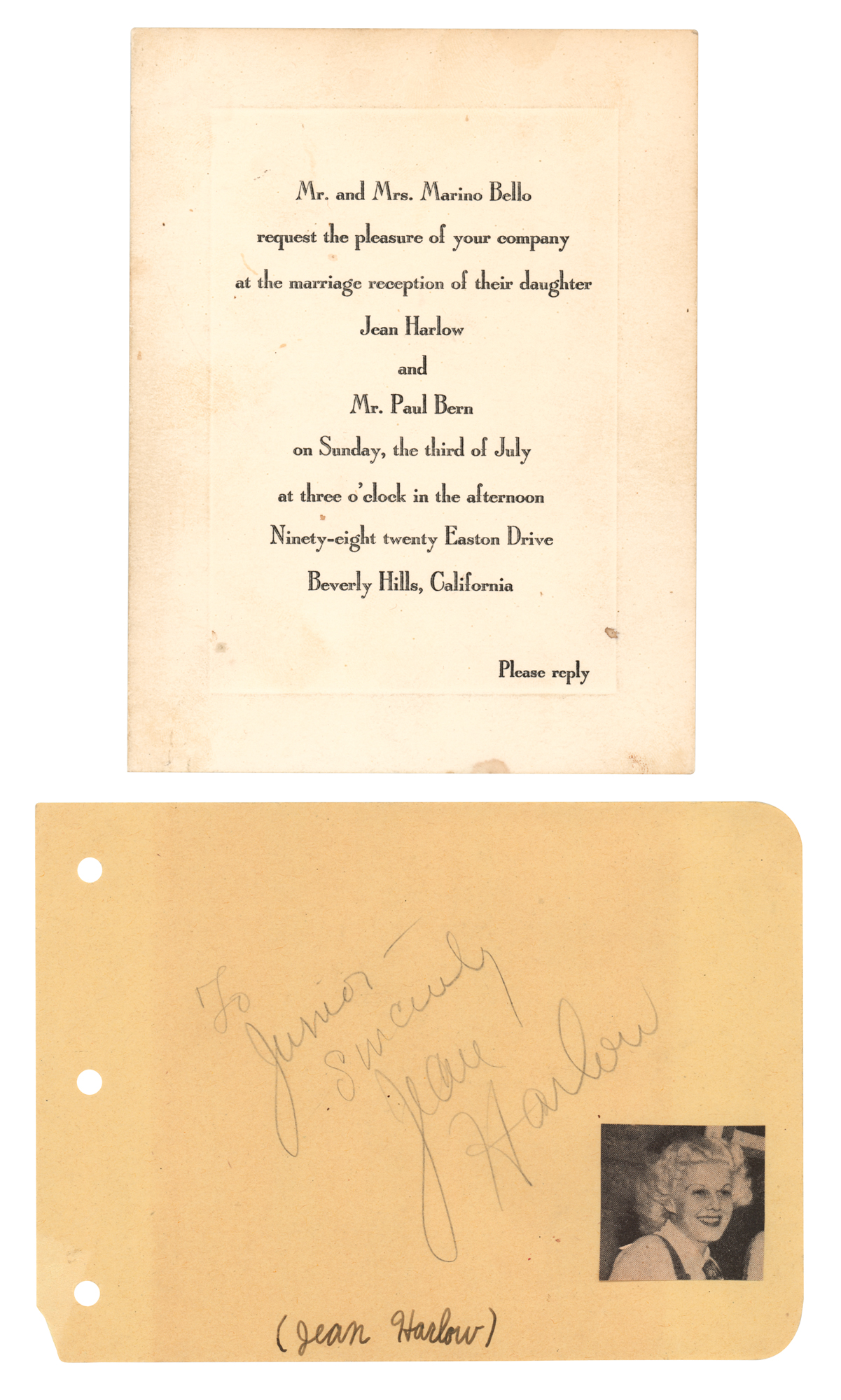 Jean Harlow Signature and Wedding Reception Invitation | RR Auction