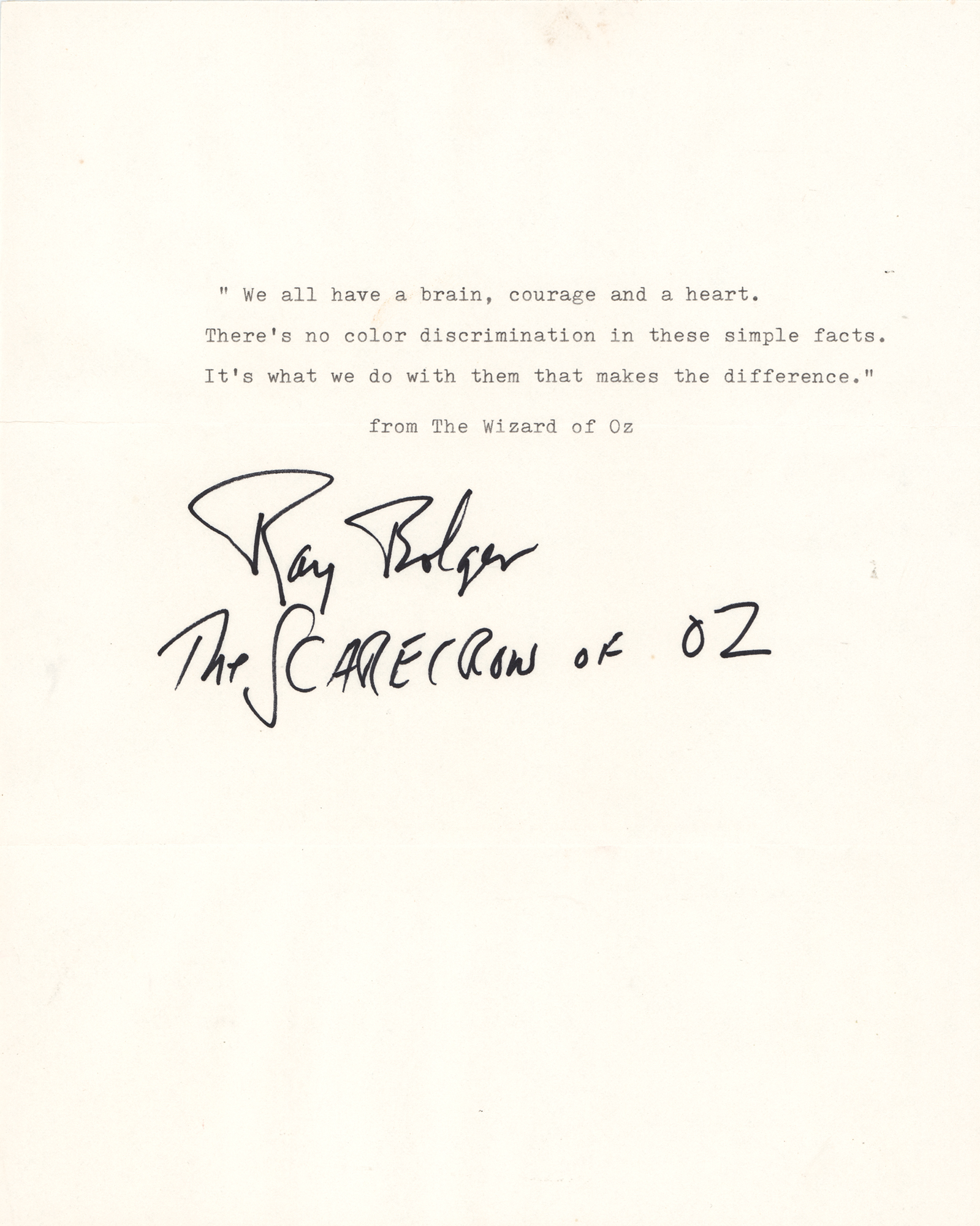 Ray Bolger Typed Quote Signed from The Wizard of Oz | RR Auction