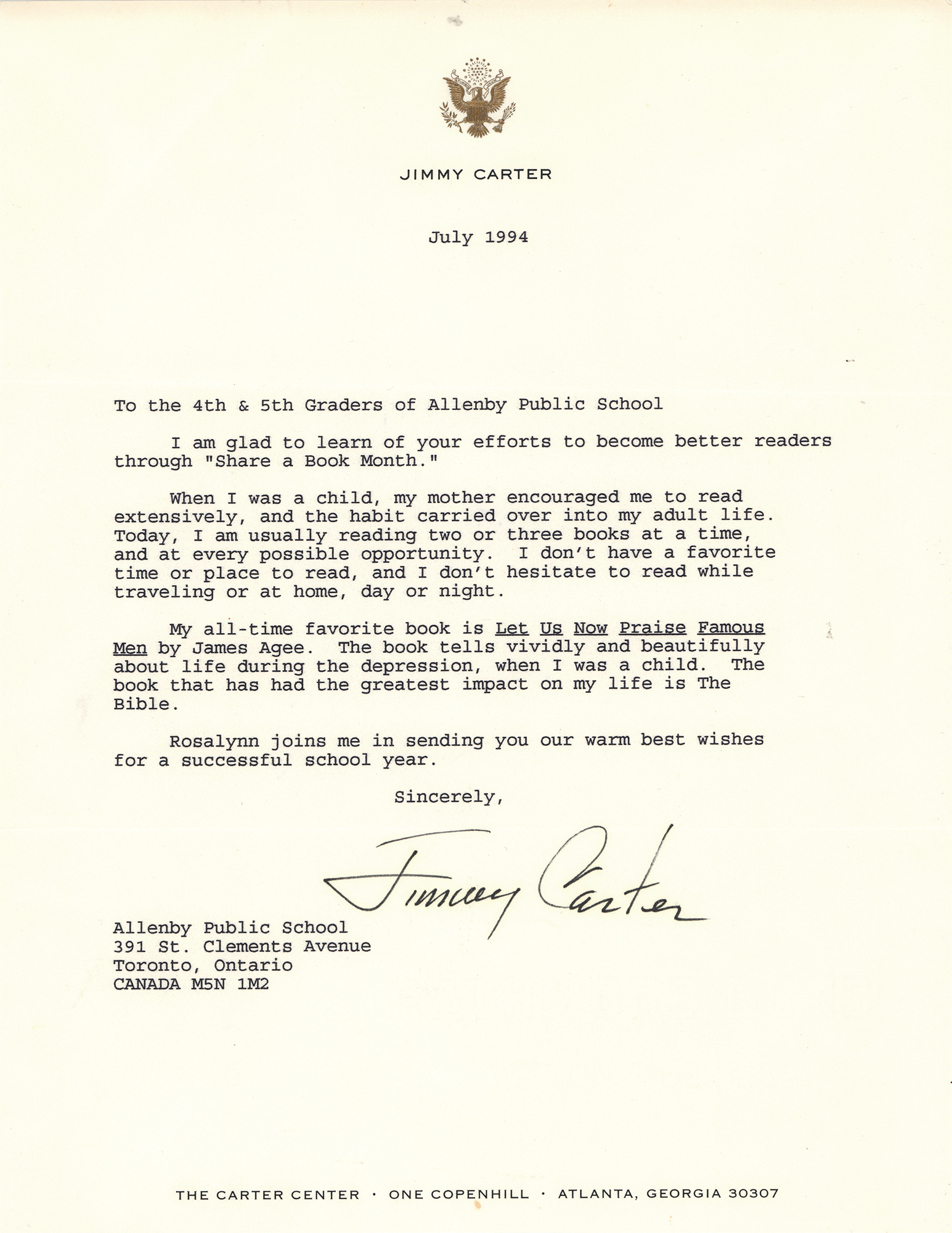 Jimmy Carter Typed Letter Signed on the Importance of Reading | RR