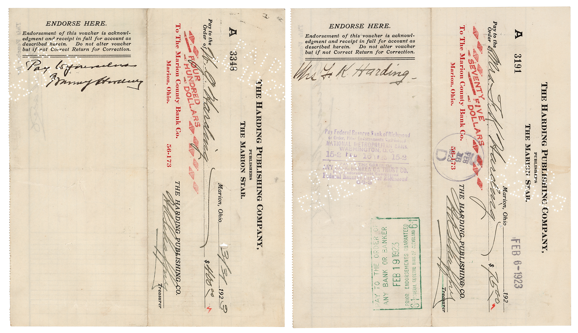 Warren G. Harding and Florence Harding Documents Signed as President
